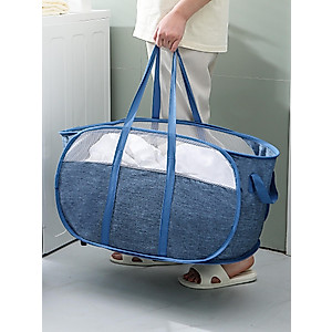pop-up laundry basket，with Durable Handles collapsible Mesh laundry Hamper,Easy to Open and Fold,Premium Cationic Fabric… (Cationic blue+blue)