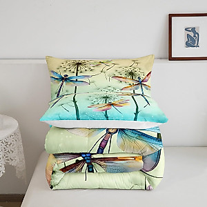 Feelyou Queen Size Pretty Dragonfly Comforter Set Boys Girls Dandelion Bedding Set for Kids Women Men Ultra Soft Teal Comforter Nutrue Quilt Set Room Decor Bedclothes