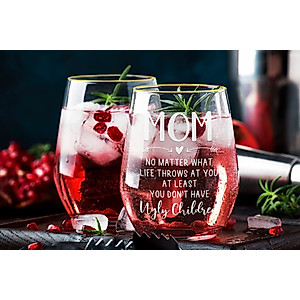NICKANE 12oz Mom Wine Glass with Gift Box as Christmas, Birthday Gifts for Mother, Women - Mom You Don't Have Ugly Children Mom Glass - Fun Mothers Day Gifts for Mom from Daughter, Son