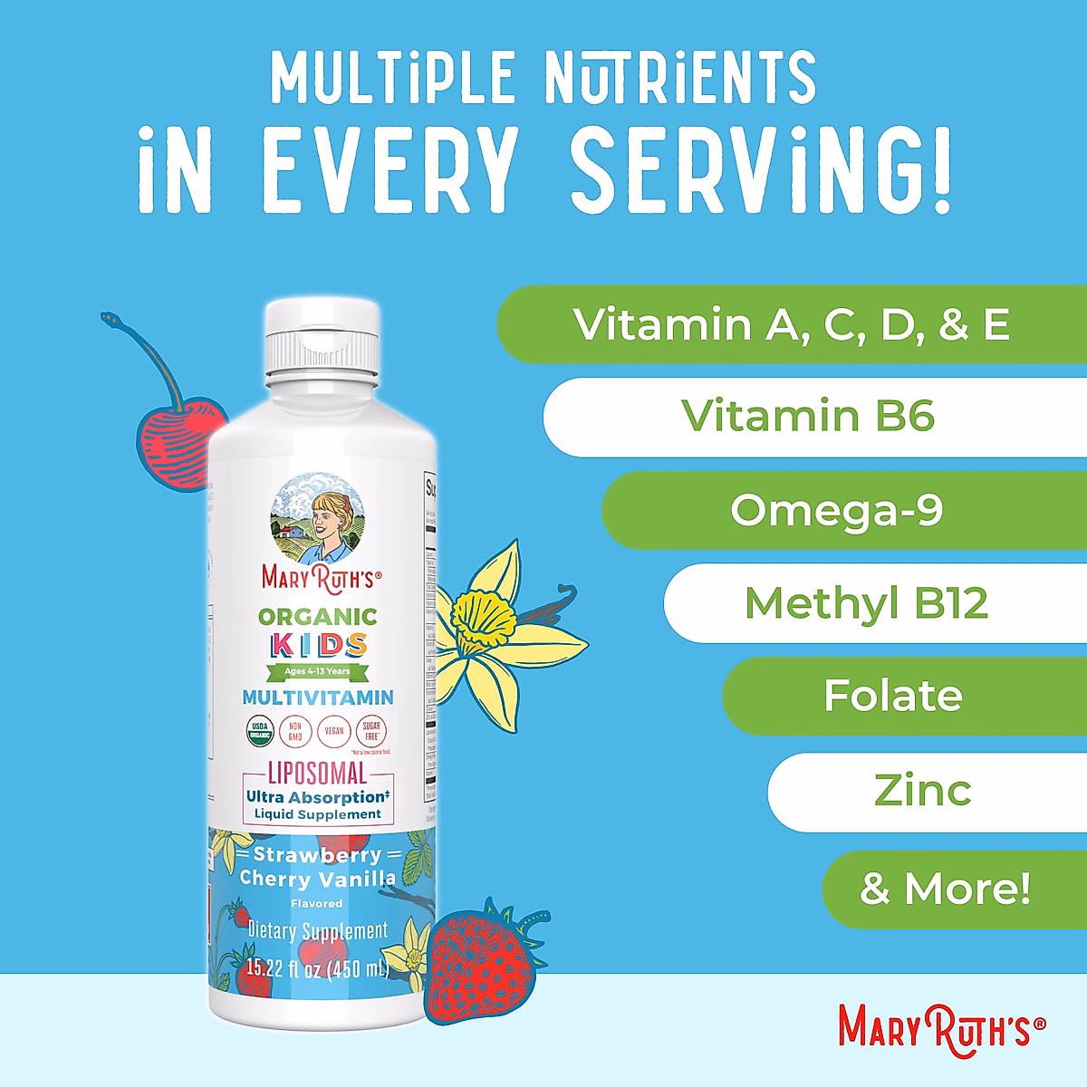 MaryRuth's Kids Multivitamin lipsomal | Vegan, Sugar-Free Vitamins for Kids Ages 2+ | Childrens Vitamins 1-2 Month Supply | Multivitamin for Kids | Multi | Kids Vitamins | 15.22 Fl Oz