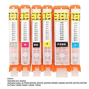 5PCS Ink Cartridge, Reusable Printing Ink Cartridge PGBK BK C M Y 5 Color for Printing (670-671)