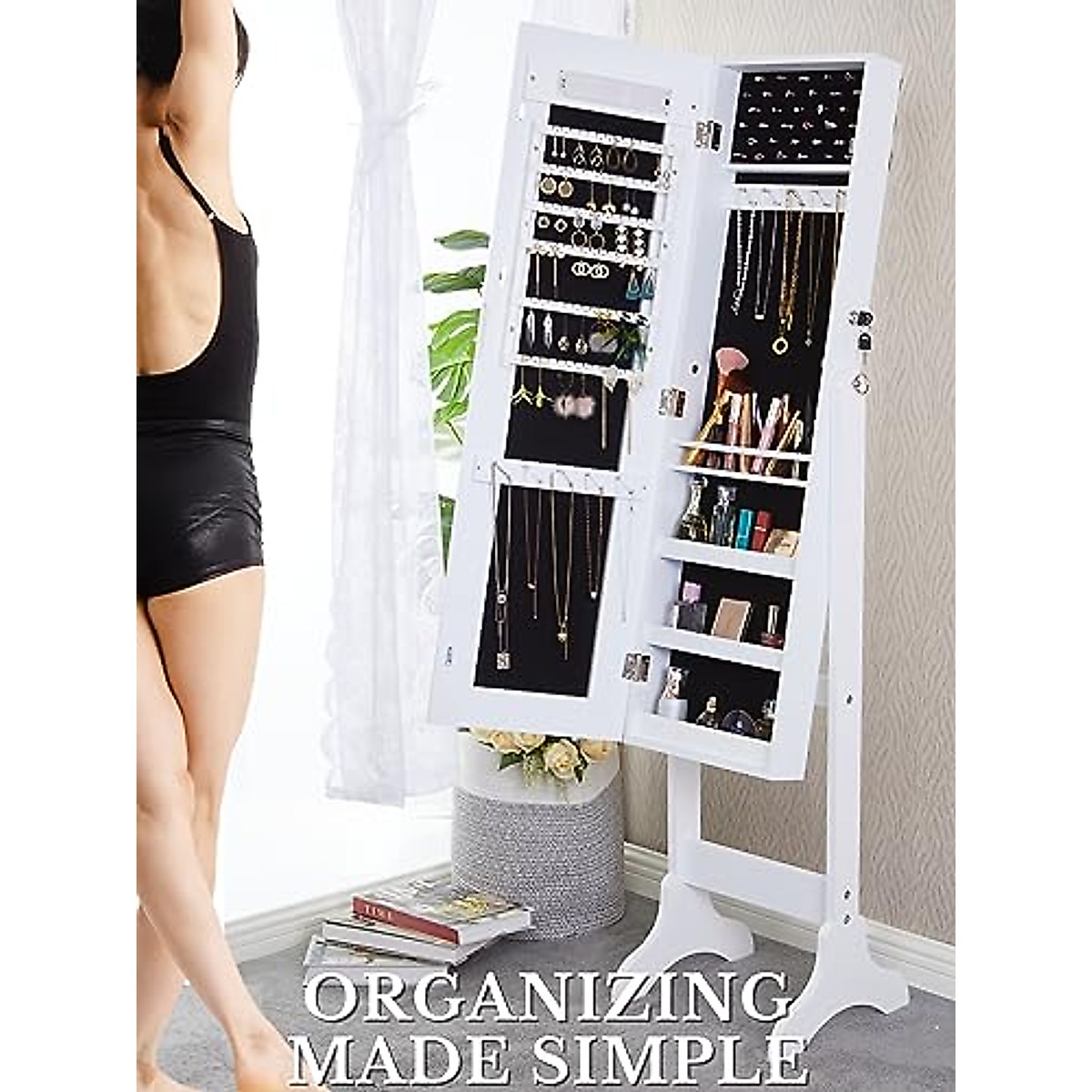 YOKUKINA LED Mirror Jewelry Cabinet Standing Armoire, Full Length Mirror with Jewelry Storage, Lockable Organizer, Wall Mount/Over the Door, White