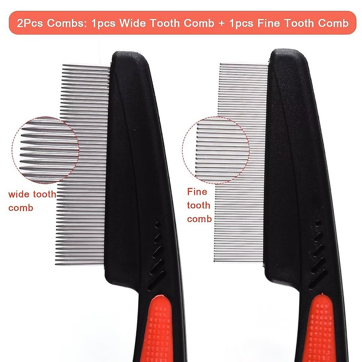 Iluadme 2 Pieces Fine Tooth and Wide Tooth Dog Grooming Comb - Rubber Handle Hair Comb for Small Dogs & Cats with Flea and Tick Removal (2PCS, Black Red)