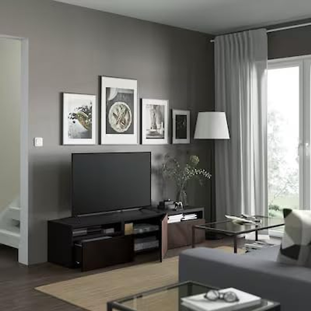 TV Unit, Black-Brown Hedeviken/Dark Brown Stained Oak Veneer, 70 7/8x16 1/2x15 3/8 "