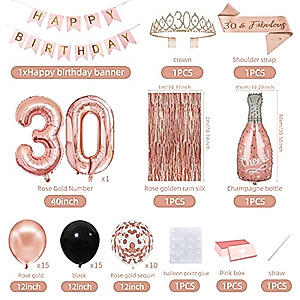 30th Birthday Decorations for Women Girl 30th Birthday Decorations for Her with Number 30 Balloons, Happy Birthday Banner, Bachdrop, Chreers Rose Gold Crown, 30 Sash for Women Birthday Supplies