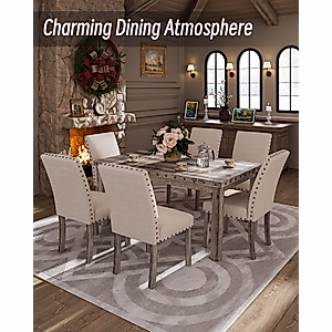 Morden Fort 7 Piece Rustic Wooden Dining Set, Mid-Century Modern Table & Chair Set for Spacious Dining Rooms and Entertaining Guests