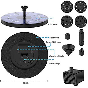 Solar Fountain Pump, SIYIBAEBY 3W Solar Water Pump Fountain Built-in 1200mAh Battery& 6 Nozzles, Floating Water Fountains Pump for Bird Baths, Garden, Fish Tank, Pond, Pool, Aquarium, Patio Outdoor