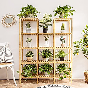 COSTWAY Plant Stand Indoor, 5-Tier Bamboo Plant Display Organizer with Stand for Multiple Plants, Plant Shelf Outdoor for Window, Garden, Balcony, Living Room