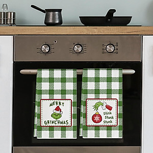 AnyDesign Christmas Kitchen Towel Green White Buffalo Plaids Dish Towel 28 x 18 Inch Funny Cartoon Character Tea Towel Xmas Decorative Hand Drying Towel for Kitchen Cooking Baking, 4 Pack