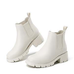 Athlefit Girls Ankle Boots Kids Comfortable Slip on Lug Sole Chelsea Booties for Toddler Little Kid Big Kid Beige Size 5