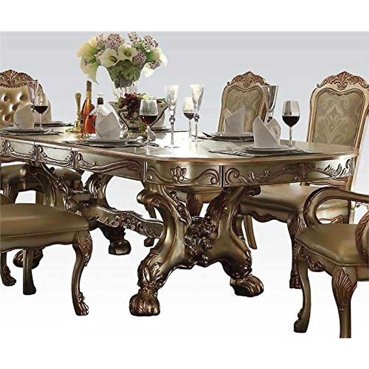 ACME Dresden Dining Table with Trestle Pedestal - - Gold Patina & Bone