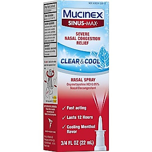 Mucinex Sinus-Max Nasal Spray Decongestant, 12 Hour Over-The-Counter Medication Nose Spray for Sinus Relief, Nasal Decongestants For Adults & Sinus Congestion, Cooling Menthol, 0.75 Fl Oz (Pack of 3)