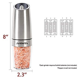 Gravity Salt and Pepper Mill Set - Battery Operated Automatic Salt and Pepper Mills,Adjustable Coarseness,One-Handed Operation,Utility Brush,Stainless Steel by AmuseWit