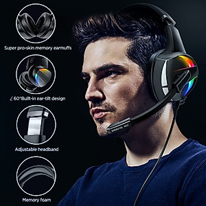 Tatybo Gaming Headset PS4 Xbox One Headset with Stereo Bass Surround Sound, Gaming Headphones with Noise Canceling Mic for PS4 PS5 Xbox One PC Laptop Mac - RGB LED Light