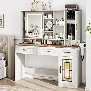 Maupvit Vanity Desk with Mirror and Lights, Makeup Table with Drawers & Jewelry Cabinet, Large Vanity with Storage, Bedroom Dressing Table (White)