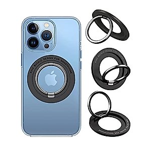 Phone Grip Neowic Magnetic Phone Ring Holder, Adjustable Cell Phone Kickstand, Removable Finger Holder, (with 2PC Ultra Thin Metal Ring for Phone Case/No Mag Phone), Black