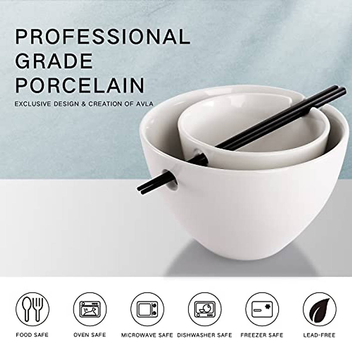 AVLA 2 Pack Porcelain Ramen Bowls, 15/26 OZ Japanese Udon Noodle Miso Bowls with Chopsticks, Deep Soup Bowl Set with Holes for Pho, Soba, Dipping Dishes, Dishwasher and Microwave Safe