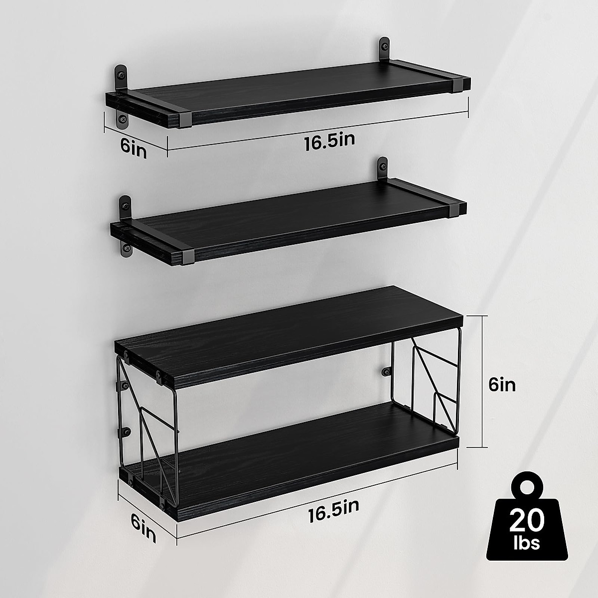 TJ.MOREE Bathroom Shelves Over Toilet Floating Shelves for Wall Rustic with Toilet Paper Wire Basket, Farmhouse Floating Shelf for Bedroom, Living Room, Kitchen, Wall Decoration (Black)