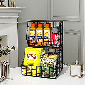 Mefirt Fruit Basket, Enlarged 2-Tier Kitchen Organization Wire Basket with Wood Lid, Stackable Wall-mounted & Countertop Tiered Storage Baskets for Potato Storage, Onion Storage, Snack Onganizer etc