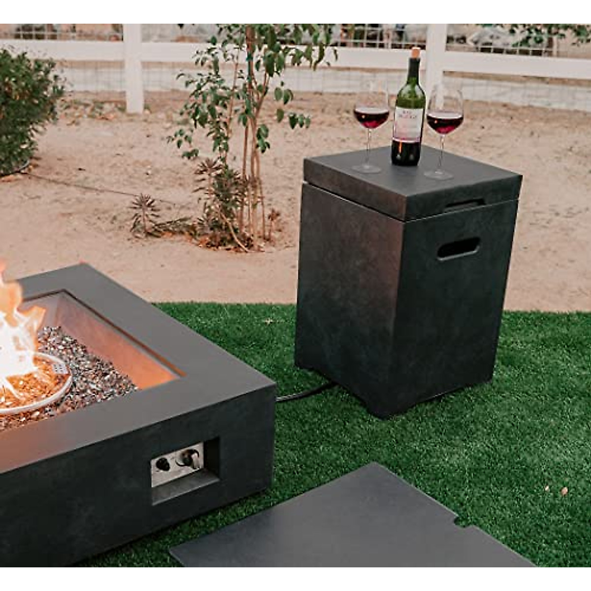 Kante 23.6" H Square Charcoal Eco-Friendly Concrete/Metal Outdoor Patio Backyard UV and Weather Resistant Modern Propane Tank Cover Storage Box for Gas Fire Pit, Hideaway Side Table,RMFP-T01-60121
