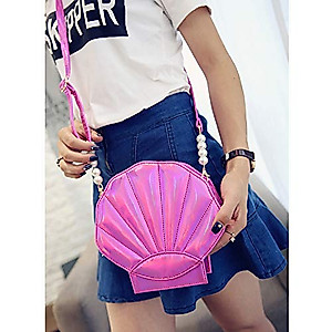 Women Mini Hologram Seashell Shape PU Leather Evening Clutch Handbag Cross-body Bag