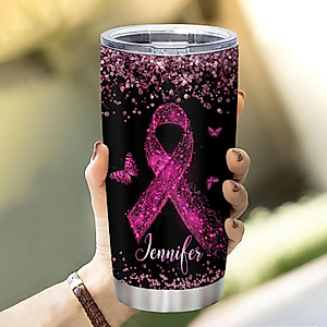 Hyturtle Personalized Breast Cancer Awareness Tumbler Gifts for Women - Birthday Christmas Motivational Gifts For Breast Cancer Warriors Survivors - Custom Name 20oz Stainless Steel Travel Tumbler