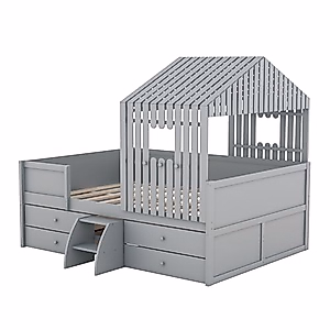 BOVZA Kids Full Size House Low Loft Bed with 4 Storage Drawers, Wood Playhouse Bed with Roof, Stairs and Safety Guardrail, for Kids Boys Girls Teens Bedroom, Gray