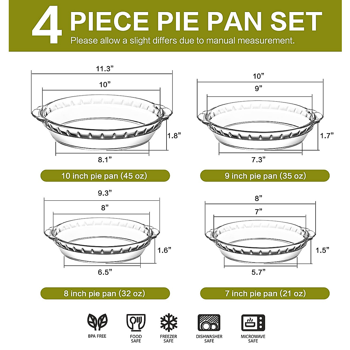 4 Packs Glass Pie Plates, MCIRCO Deep Pie Pans Set (7"/8"/9"/10"), Pie Baking Dishes with Handles for Baking and Serving, Clear
