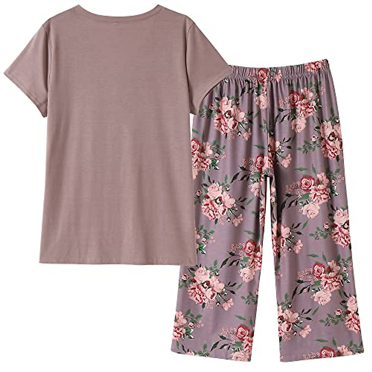 Vozanet Women's V Neck Sexy Pajama Sets Capri Sleepwear Floral Elegant Nighty 2PCS Plus Size S-3XL, Florals-Brown, XX-Large