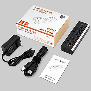 Powered USB Hub RSHTECH 7 Ports USB 3.0 Hub with 4 High Speed Data Transfer Ports + 3 Fast Charging Ports,36W 12V/3A Power Adapter and Individual On/Off Switches(A37-Black)