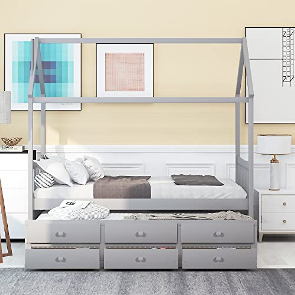 TARTOP Twin Size House Bed with Trundle and 3 Storage Drawers, Twin Captain's Beds Wooden Storage Daybed Frame for Kids Teens Boys Girls,Gray