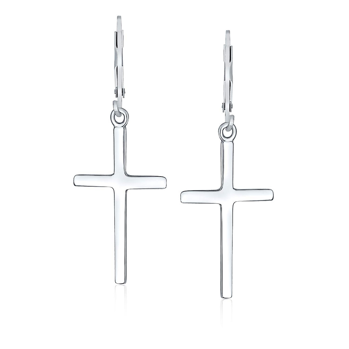 Classic Simple Plain Religious Cross Drop Dangle Earrings For Women For Teen Secure Lever back High Polished .925 Sterling Silver