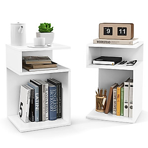 Tangkula S-Shaped Side Table, 3 Tier Wood End Table with Open Storage Shelves, Anti-Slip Foot Pads, Modern Accent Bedside Nightstand, Narrow Side Table for Small Spaces Living Room Bedroom (2, White)