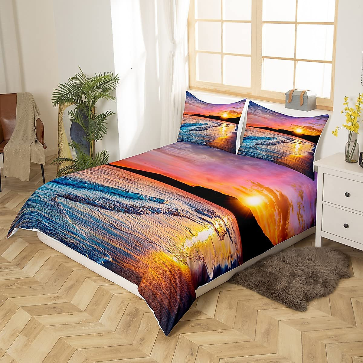 Erosebridal Sunset Duvet Cover Blue Ocean Bedding Set Queen Size Hawaii Beach Comforter Cover Set for Boys Girls Youth,Sea Wave Bed Set Afterglow Scenery Bedroom Decor，Yellow Orange Purple Red