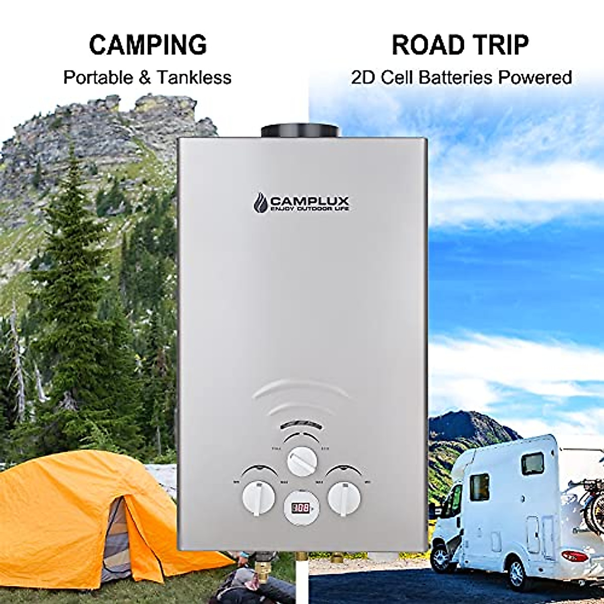 Portable Propane Tankless Water Heater, Camplux 2.11 GPM On Demand Camping Gas Water Heater, Gray