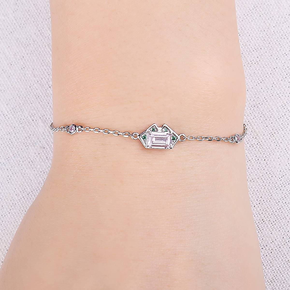 JewelryPalace Geometric Emerald Cut Pink Cubic Zirconia Adjustable Link Bracelet for Women, Art Deco 14k White Gold Plated 925 Sterling Silver Bracelet for Her, CZ Gemstone Jewelry Set