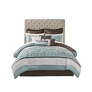 Madison Park Essentials Jelena Room in A Bag Faux Silk Comforter Classic Luxe All Season Down Alternative Bedding, Matching Bedskirt, Curtains, Decorative Pillows, Queen(90"x90"), Seafoam 24 Piece