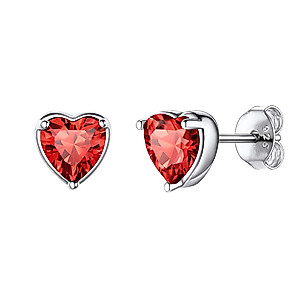 Women Earrings Hypoallergenic 925 Sterling Silver Love Heart Earrings Studs Red Cubic Zirconia Ruby Gemstone July Birthstone Stud Earrings for Sensitive Ears