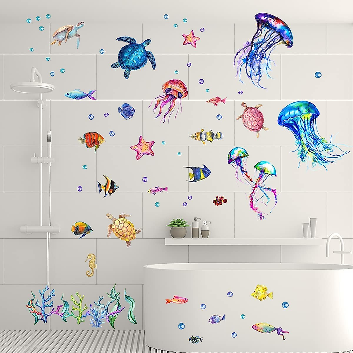 HUAJIE Ocean Fish Wall Decals, Under The Sea Wall Decals Sea Life Animals Wall Stickers Waterproof Removable Peel and Sticks for Kids Bedroom Bathroom Living Room, Multi
