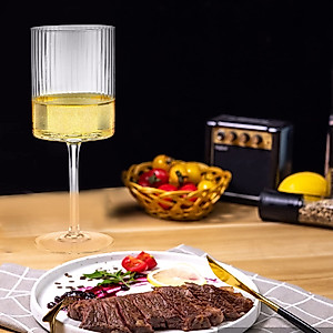 Large Ribbed Square Wine Glasses Set of 4 Crystal,17oz Clear Cylinder Fluted Glassware Flat Bottom,Hand Blown White Red Wine Glass with Long Stem,Copas de Vino,Modern Unique Gift for Wedding,Party