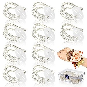 BOARDFEB Corsage Wristlet Band 16 Pcs Elastic Pearl Bracelet Wrist Corsage Bracelets DIY Flower Bracelet with Storage Box for Bride Prom Accessories Wedding Party Decorations
