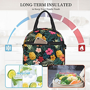 Palm Leaves Hibiscus Flowers Lunch Bag Tropical Pineapples Fruit Reusable Insulated Lunch Tote Bag Lunchbox Container With Adjustable Shoulder Strap For Office Work School Picnic Travel