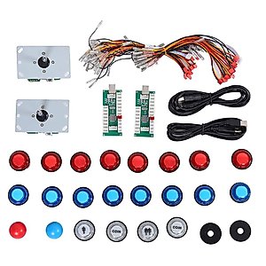Classic Arcade Game DIY Parts, DIY Arcade Game 2xJoystick Set, USB Computer Chip Control Panel, 20xGamepad Button with Light Multiple Colour Kits for PS3/PC