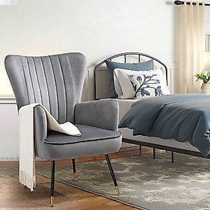 FurniutreR Accent, Modern and Elegant Armchair, Velvet Fabric Metal Black Gold Legs and High Back for Living Bedroom Office Waiting Room Leisure Chair, Grey