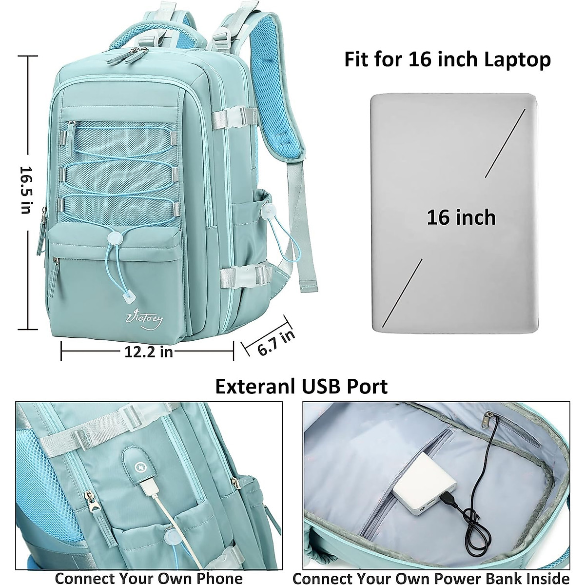 Travel Backpack for Women Girls 15.6 Inch Laptop Backpacks with USB Port Carry on Backpack Flight Approved Large School Bag College Bookbags Outdoor Sports Hiking Rucksack Casual Daypack (Green)
