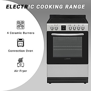 Equator Stainless Steel Electric Stove with Convection Oven, Air Fryer & Ceramic Cooktop 24-Inch, 4 Burners - Kitchen Cooking Range (SS)
