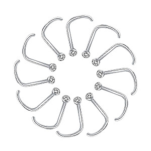 CrazyPiercing 12pcs Wholesale Lot Bling-Bling Crystal Rhinestone Stainless Steel Body Piercing Jewelry Nose Ring, Hypoallergenic, 20 Gauge