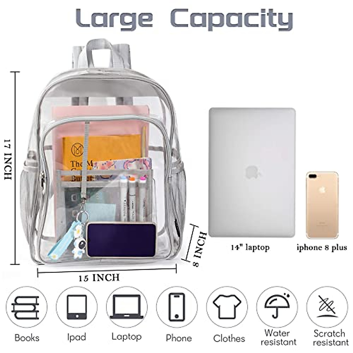 Clear Backpack Heavy Duty, Mofasvigi PVC Large See Through Backpack Back To School Bag, Waterproof Transparent Bookbags for School, Work, College (Grey)