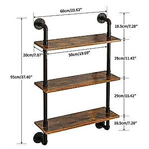 YMYNY Industrial Pipe Shelf Bracket, 3 Tiers Retro Wall Mounted Floating Shelf, Wood DIY Bookshelf, Storage Shelves for Living Room, Bedroom, Office, 24" Farmhouse Bathroom Shelving, UHRF-TM003