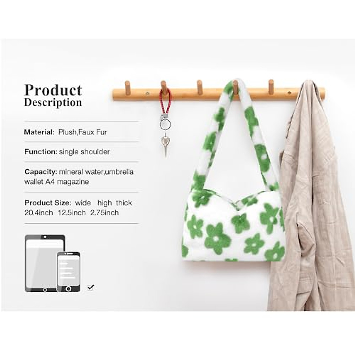 KPX Fuzzy Tote Bag Y2K Fluffy Shoulder Bag Women Furry Purse Large Cute Plush Bag Ladies Faux Fur Bag for Autumn and Winter (Green Flower)